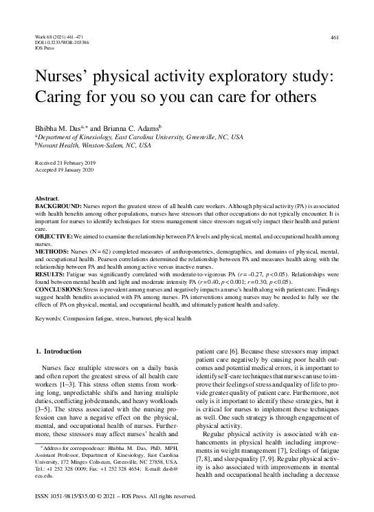 (PDF) Nurses’ physical activity exploratory study: Caring for you so ...