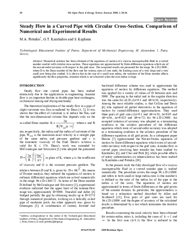 Pdf Steady Flow In A Curved Pipe With Circular Cross Section Comparison Of Numerical And