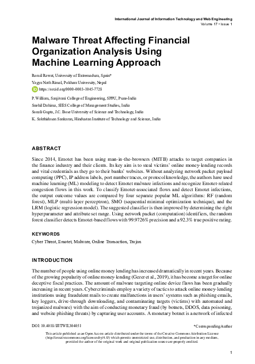 (PDF) Malware Threat Affecting Financial Organization Analysis Using Machine Learning Approach