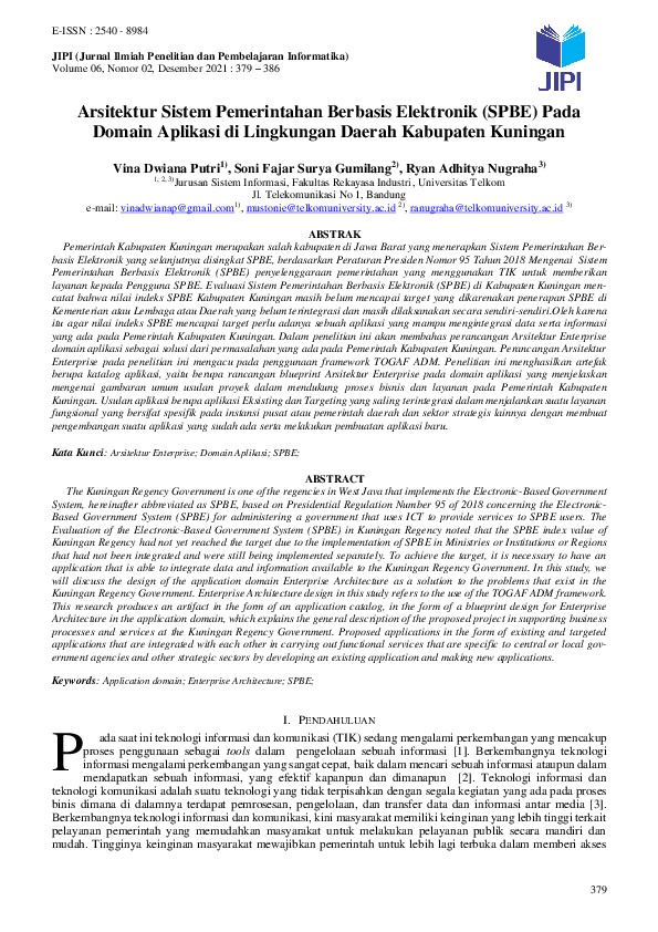 (PDF) Arsitektur Sistem Pemerintahan Berbasis Elektronik (SPBE) Pada Domain Aplikasi di ...