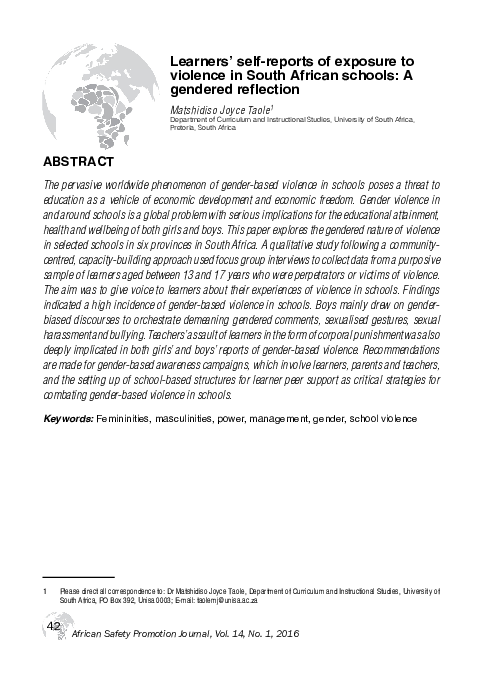 (PDF) Learners’ self-reports of exposure to violence in South African ...