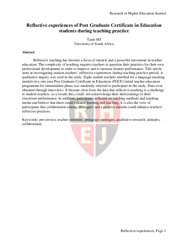 (PDF) Reflective Experiences of Post Graduate Certificate in Education Students during Teaching ...
