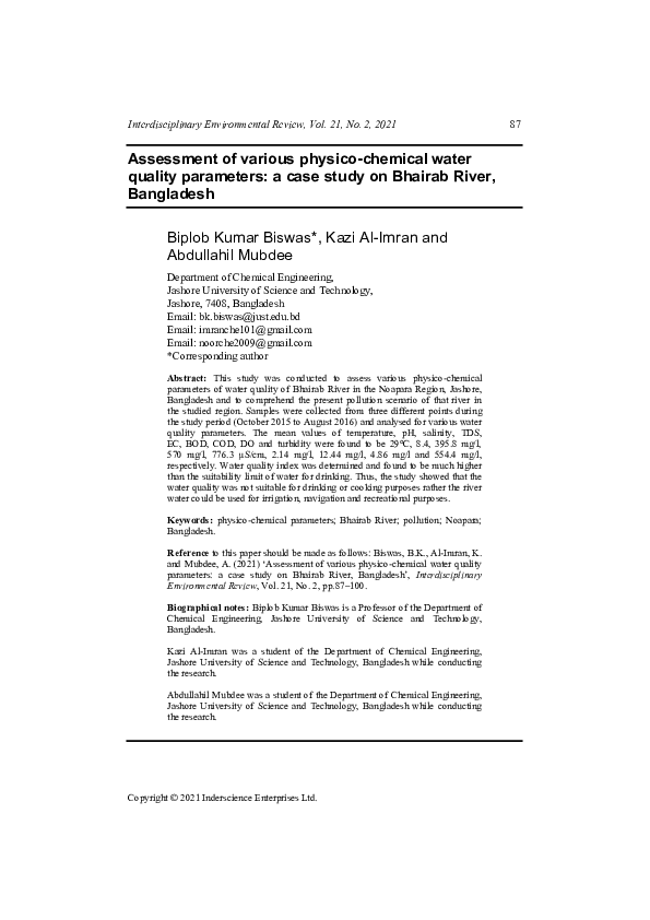 (PDF) Assessment of various physico-chemical water quality parameters ...