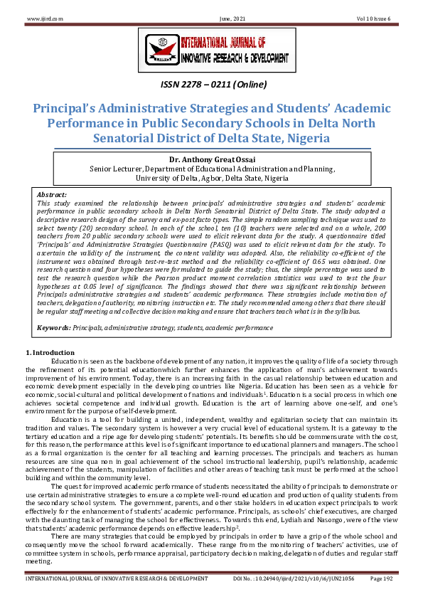 (PDF) Principal’s Administrative Strategies and Students’ Academic ...