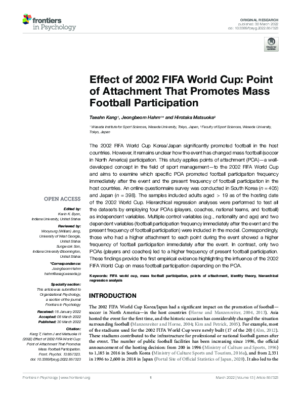 (PDF) Effect of 2002 FIFA World Cup: Point of Attachment That Promotes ...