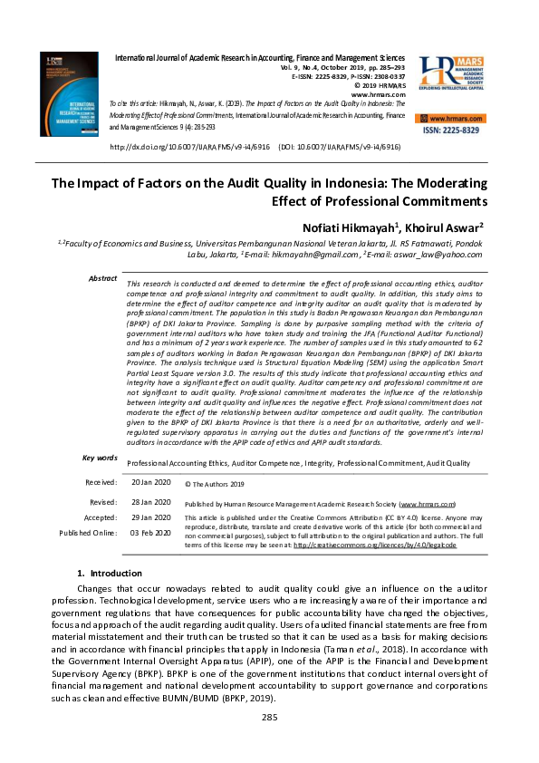 (PDF) The Impact of Factors on the Audit Quality in Indonesia: The Moderating Effect of ...