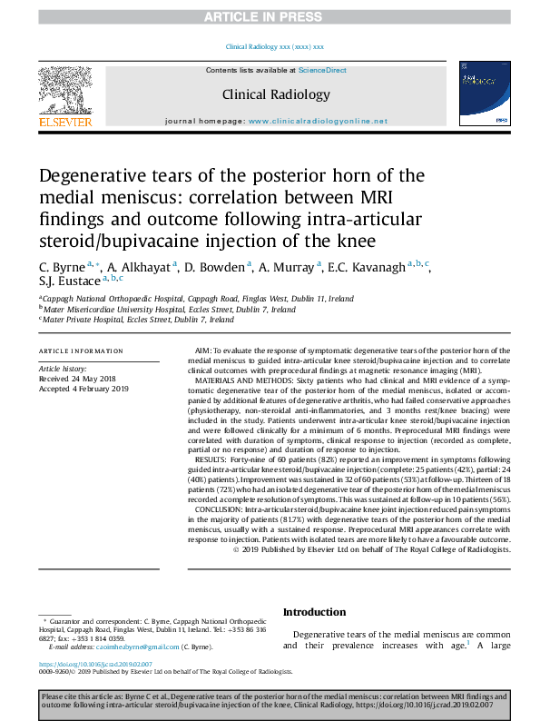(PDF) Degenerative tears of the posterior horn of the medial meniscus ...