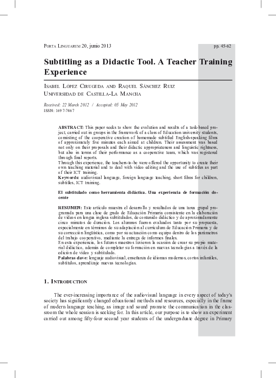 (PDF) Subtitling as a didactic tool. A teacher training experience
