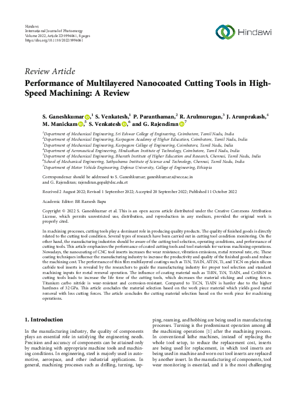 (PDF) Performance of Multilayered Nanocoated Cutting Tools in High-Speed Machining: A Review