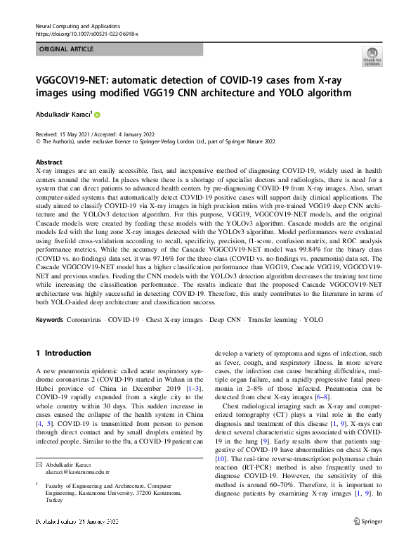 (PDF) VGGCOV19-NET: automatic detection of COVID-19 cases from X-ray images using modified VGG19 ...
