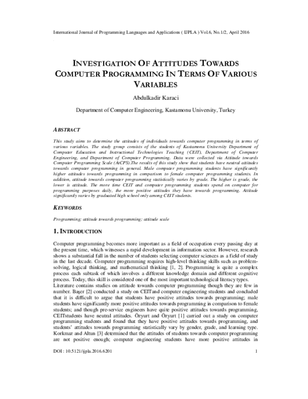 Pdf Investigation Of Attitudes Towards Computer Programming In Terms Of Various Variables 1181
