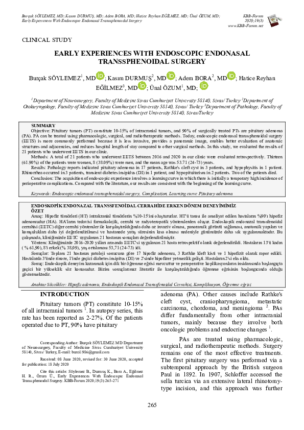(PDF) Early Experiences with Endoscopic Endonasal Transsphenoidal Surgery | Burcak Soylemez ...