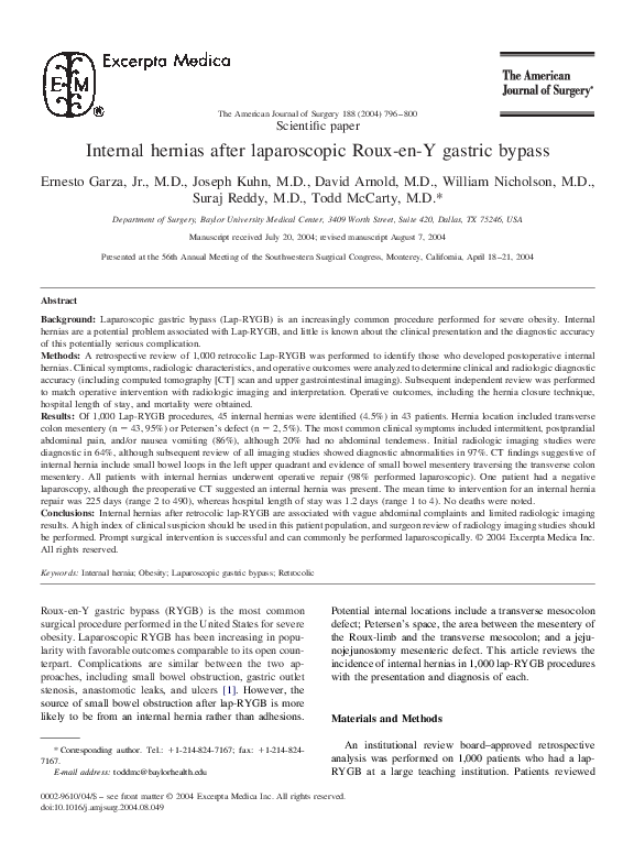 (PDF) Internal hernias after laparoscopic Roux-en-Y gastric bypass