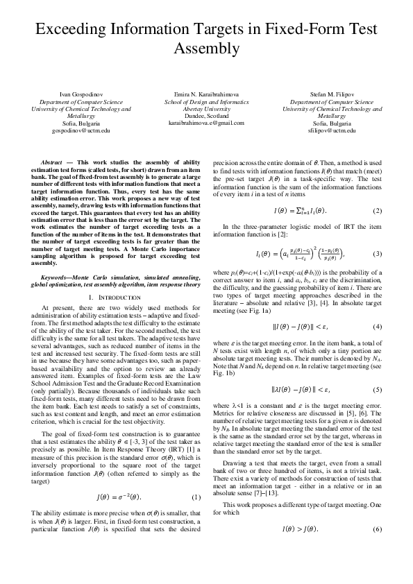 (PDF) Exceeding Information Targets in Fixed-Form Test Assembly