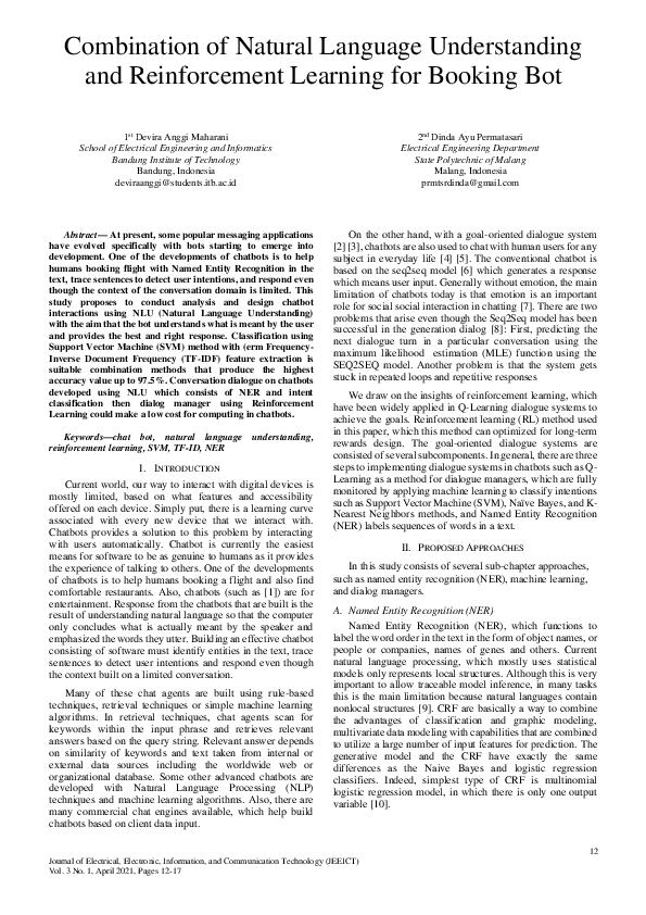 (PDF) Combination of Natural Language Understanding and Reinforcement Learning for Booking Bot