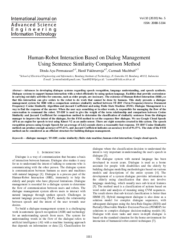 (PDF) Human-Robot Interaction Based on Dialog Management Using Sentence Similarity Comparison Method