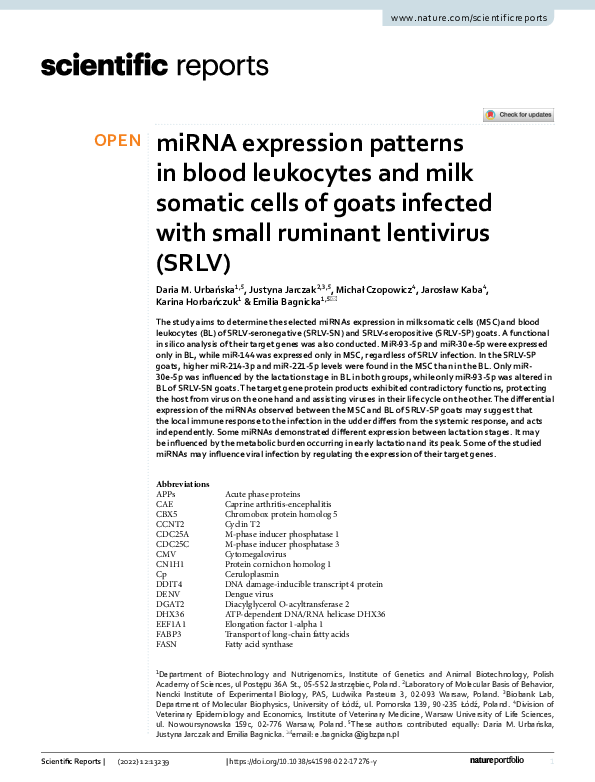 (PDF) miRNA expression patterns in blood leukocytes and milk somatic ...