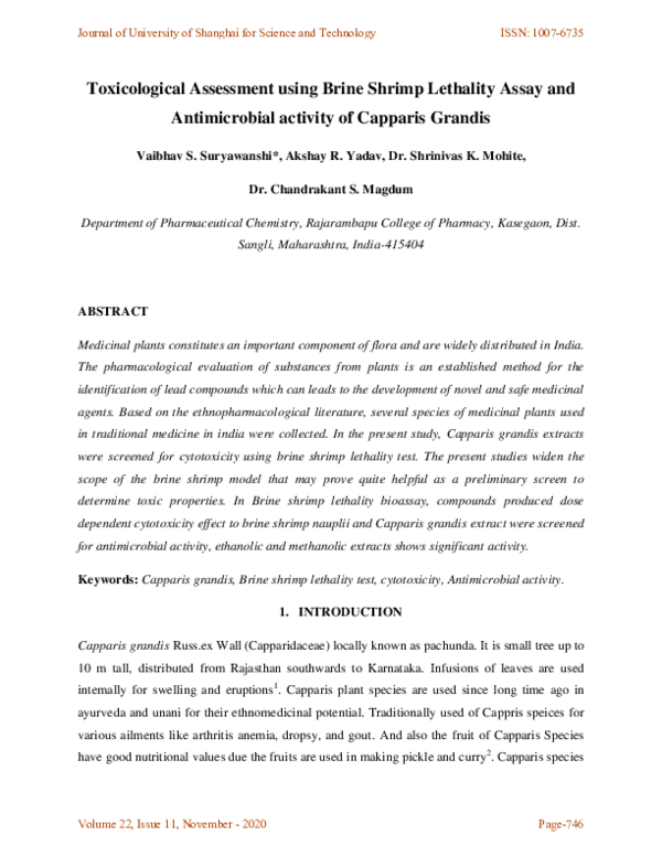 (PDF) Toxicological Assessment using Brine Shrimp Lethality Assay and ...