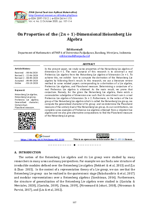 (PDF) On Properties of the (2n+1)-Dimensional Heisenberg Lie Algebra