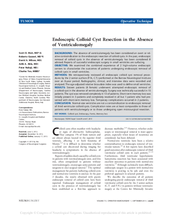 (PDF) Endoscopic Colloid Cyst Resection in the Absence of Ventriculomegaly