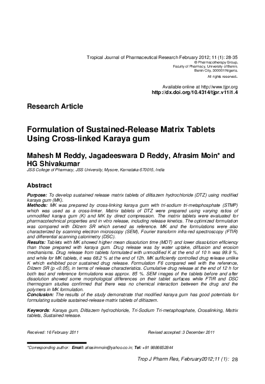 Pdf Formulation Of Sustained Release Matrix Tablets Using Cross Linked Karaya Gum