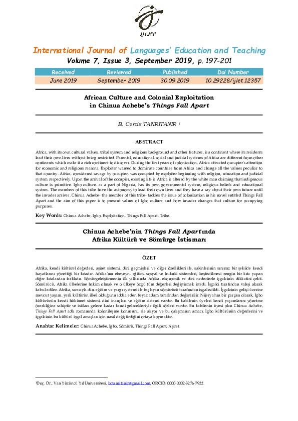(PDF) Chinua Achebe’nin Things Fall Apart'ında Afrika Kültürü ve ...