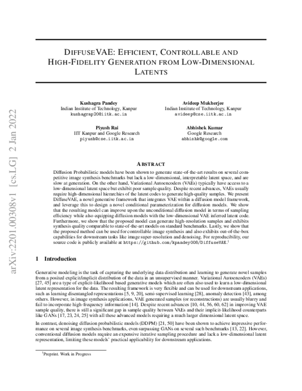 (PDF) DiffuseVAE: Efficient, Controllable and High-Fidelity Generation from Low-Dimensional Latents