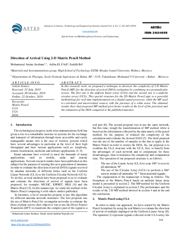 (PDF) Direction of Arrival Using 2-D Matrix Pencil Method