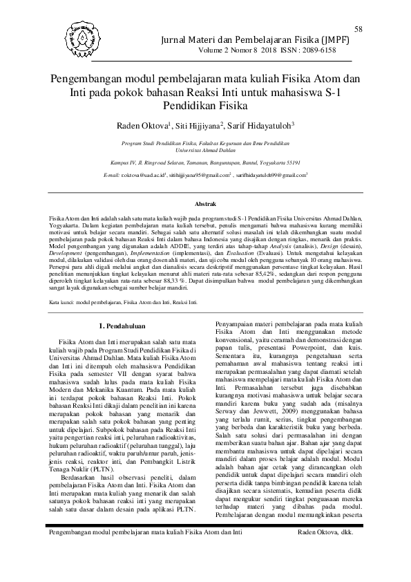 (PDF) Pengembangan modul pembelajaran mata kuliah Fisika Atom dan Inti pada pokok bahasan Reaksi ...
