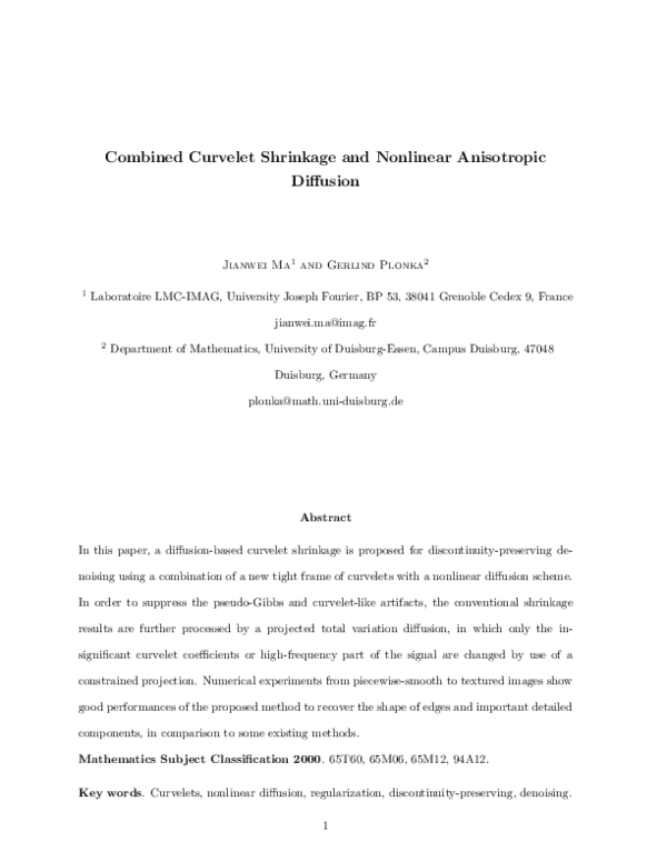 Pdf Combined Curvelet Shrinkage And Nonlinear Anisotropic Diffusion