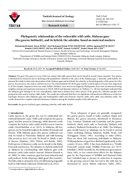 (PDF) Phylogenetic relationships of the vulnerable wild cattle, Malayan ...