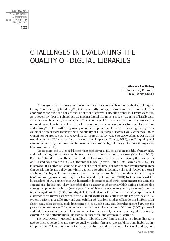 (PDF) Challenges in Evaluating the Quality of Digital Libraries
