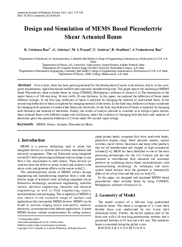 (PDF) Design and Simulation of MEMS Based Piezoelectric Shear Actuated Beam