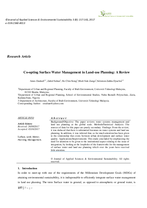 (PDF) Co-Opting Surface Water Management in Land-Use Planning: A Review ...