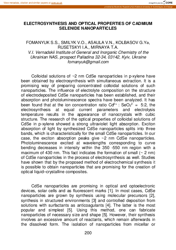 (PDF) Electrosynthesis and optical properties of cadmium selenide nanoparticles