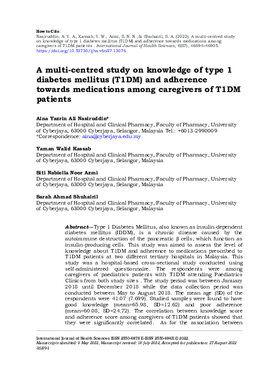 (PDF) A multi-centred study on knowledge of type 1 diabetes mellitus ...