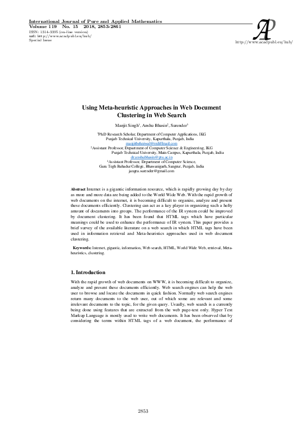 Pdf Using Metaheuristic Approaches In Web Document Clustering In Web Search 4394