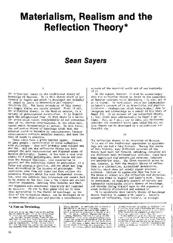 (PDF) Materialism, Realism and the Reflection Theory | sean sayers ...