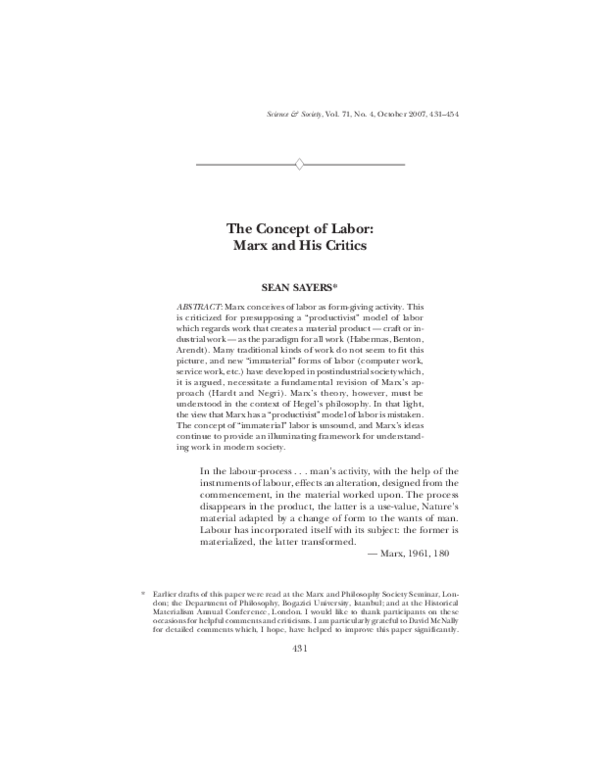(PDF) The Concept of Labor: Marx and His Critics