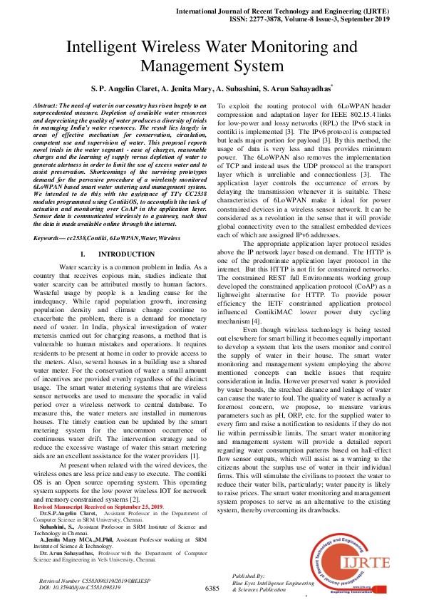 (PDF) Intelligent Wireless Water Monitoring and Management System