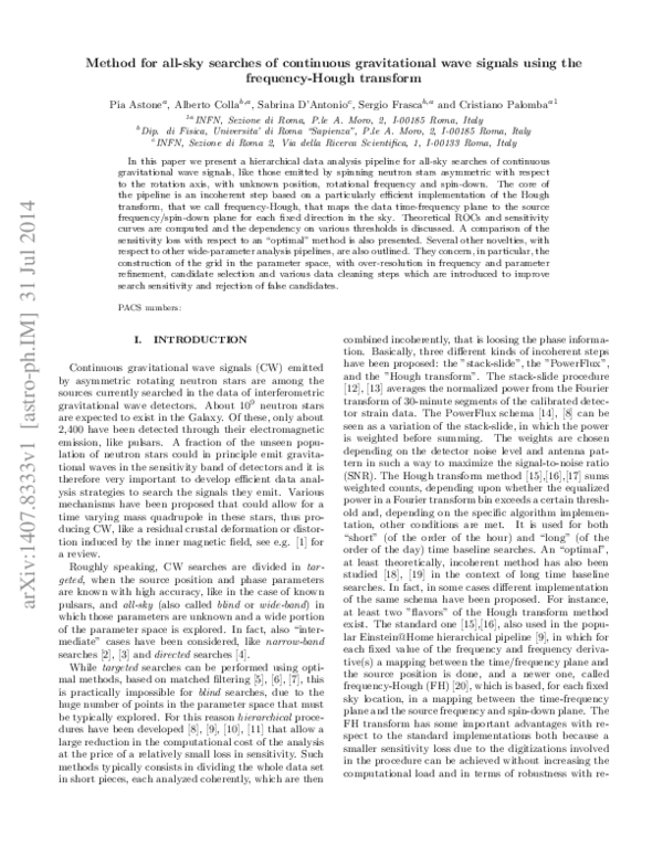 Pdf Method For All Sky Searches Of Continuous Gravitational Wave Signals Using The Frequency