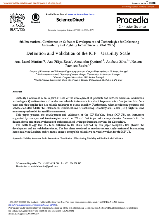 (PDF) Definition and Validation of the ICF – Usability Scale
