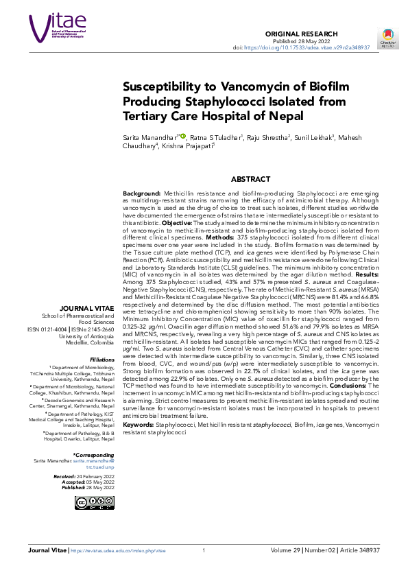 (PDF) Susceptibility to Vancomycin of Biofilm Producing Staphylococci Isolated from Tertiary ...