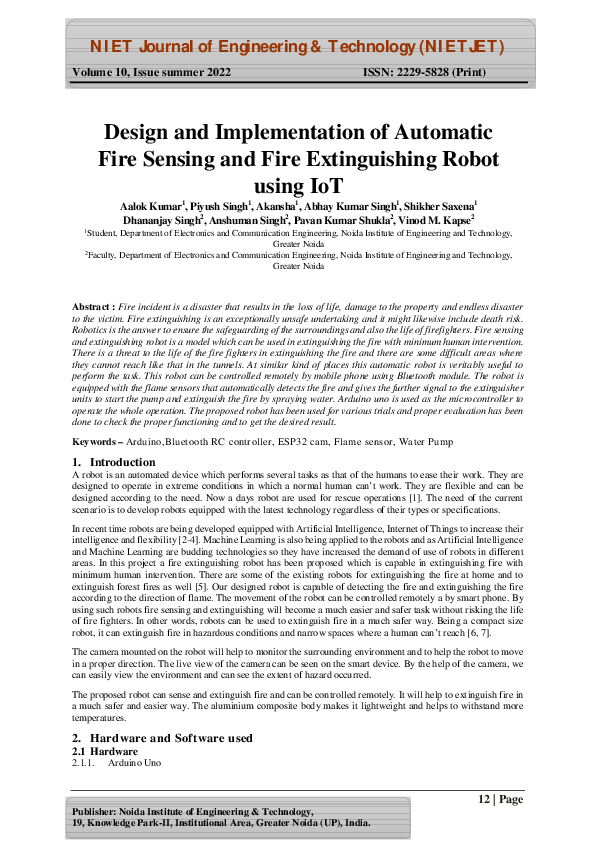(PDF) Design and Implementation of Automatic Fire Sensing and Fire Extinguishing Robot using IoT