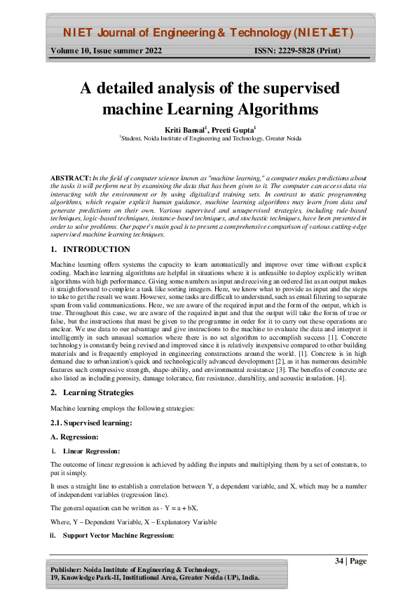 (PDF) A detailed analysis of the supervised machine Learning Algorithms