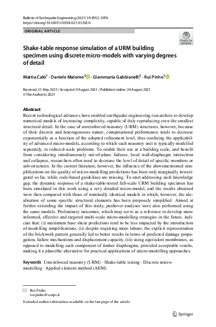 (PDF) Shake-table response simulation of a URM building specimen using discrete micro-models ...