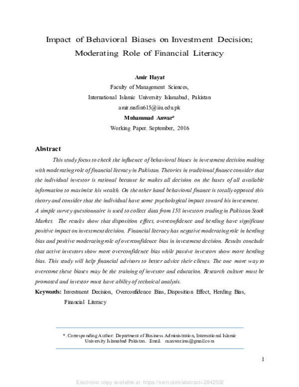 (PDF) Impact of Behavioral Biases on Investment Decision; Moderating ...