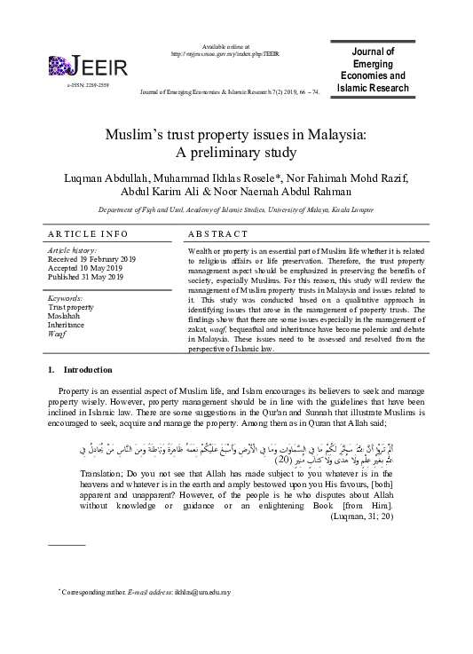 (PDF) Muslim’s trust property issues in Malaysia: A preliminary study