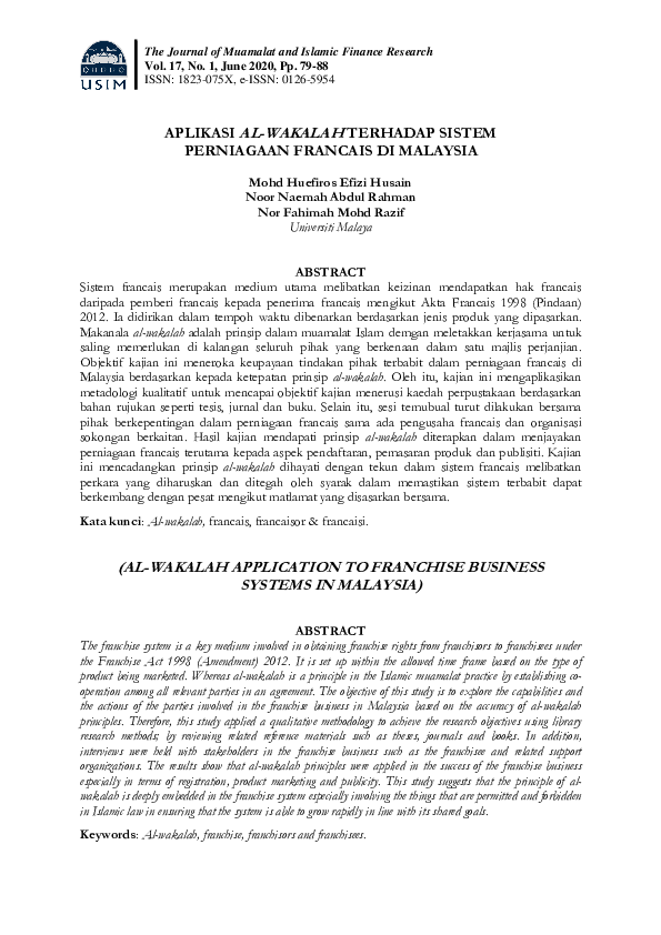 (PDF) Aplikasi Al-Wakalah Terhadap Sistem Perniagaan Francais di Malaysia