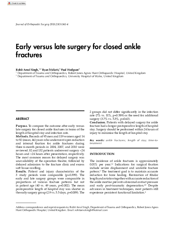 (PDF) Early versus late surgery for closed ankle fractures